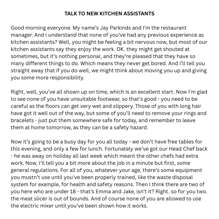 Talk To New Kitchen Assistants IELTS Listening - Giải Đáp Đáp Án